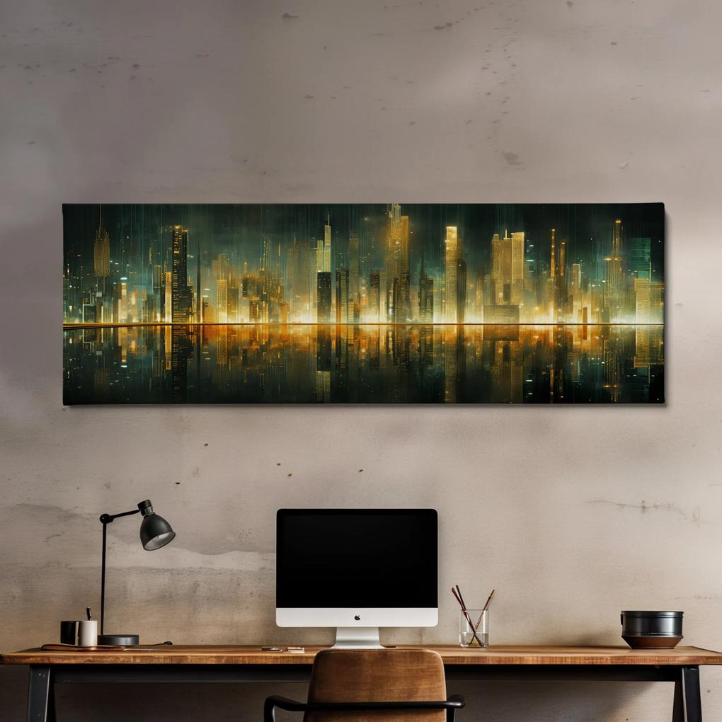 Obraz na plátně - Futuristické město - Zrcadlení pokroku FeelHappy.cz Velikost obrazu: 210 x 70 cm