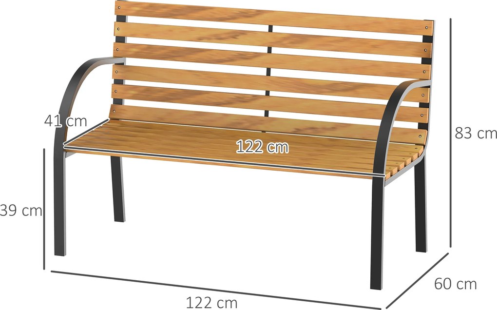Zahradní lavička Outsunny 2místná lavička z oceli a borovicového dřeva, přírodní vzhled, Š122 x D60 x V83 cm, ideální na zahradu a terasu