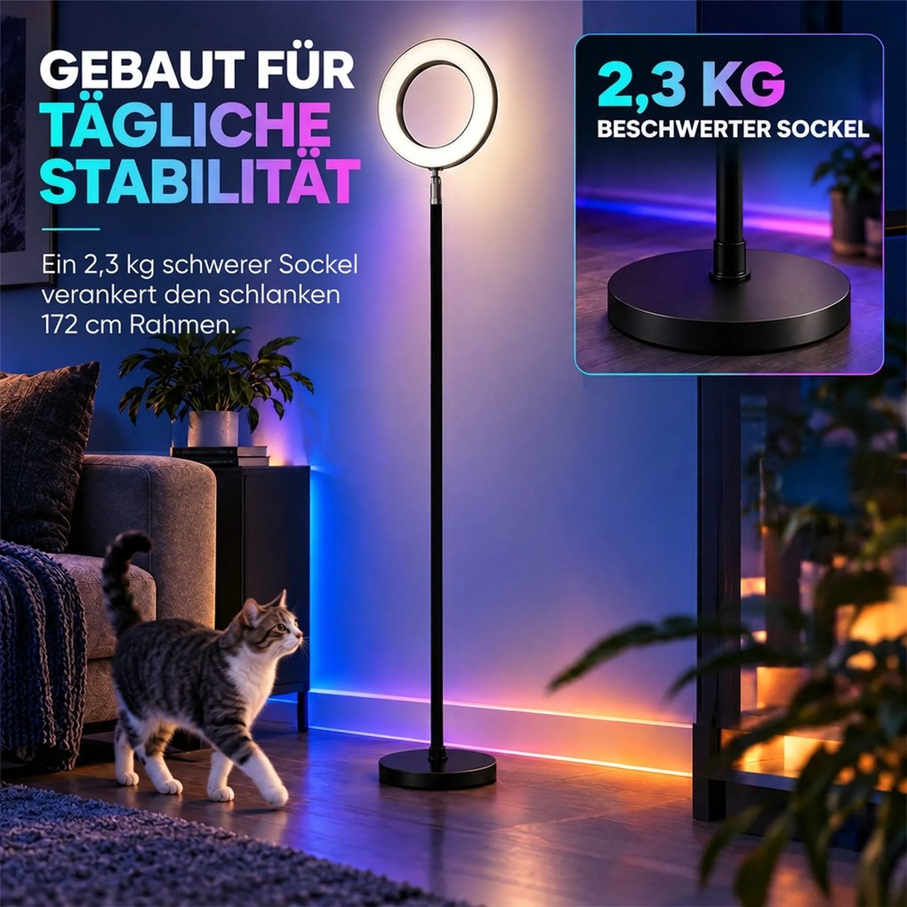 HOMCOM Stojací lampa 42W LED stmívatelná, 3 barevné teploty, stropní reflektor s nastavitelnou hlavou ve tvaru kruhu, černá