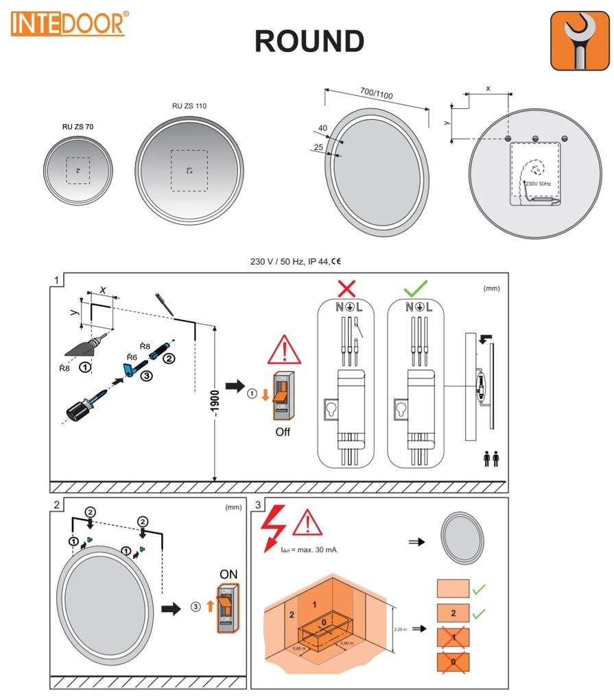 INTEDOOR Round zrcadlo s integrovaným LED osvětlením RU ZS 70 TF