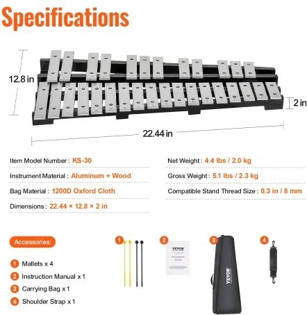 30 Note Glockenspiel xylofonový zvonek s paličkami, bicími tyčemi a taškou