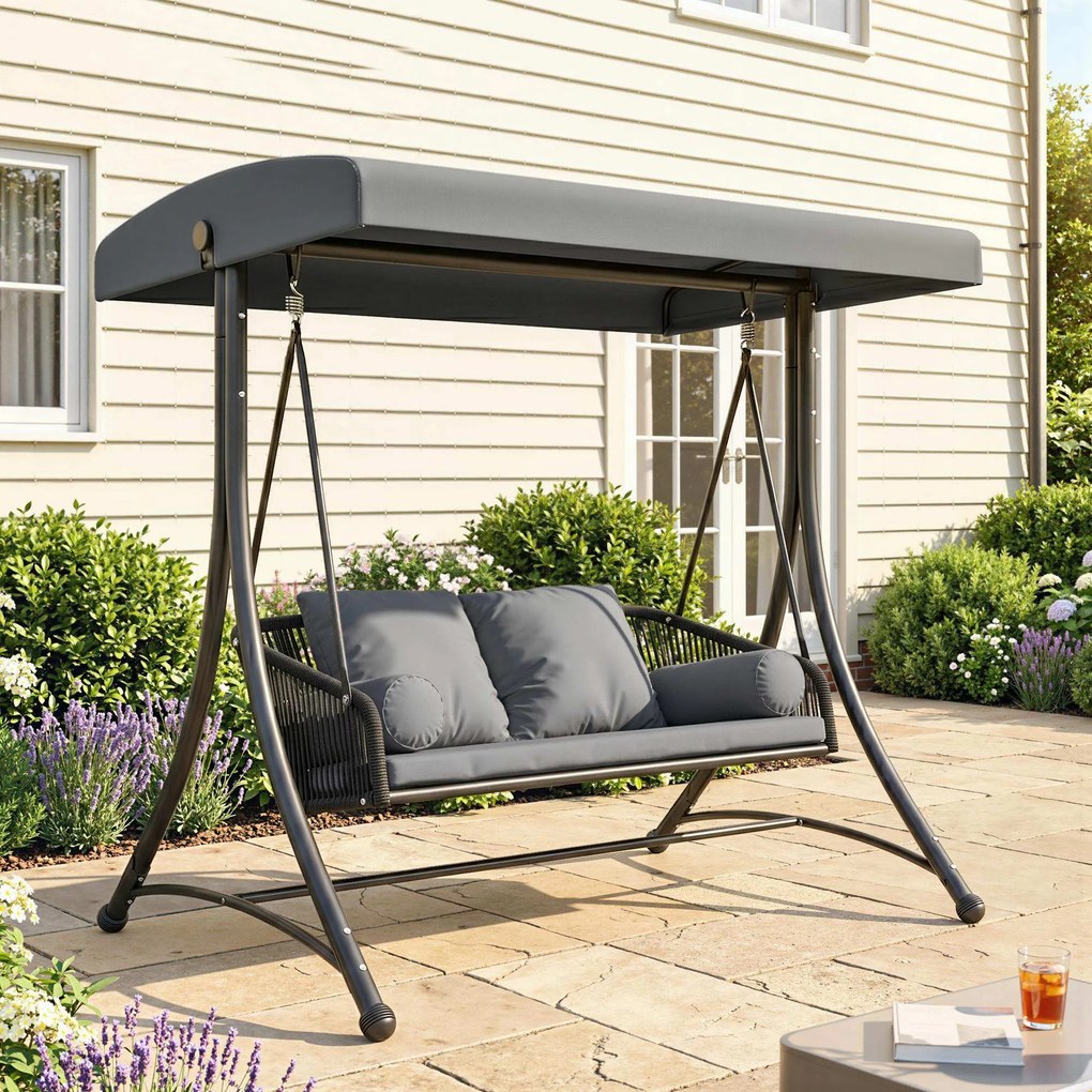 Outsunny ratanová houpačka Hollywood pro 2 osoby — zahradní lavice s nastavitelnou stříškou a polštáři, A-rám, nosnost 240 kg, 178 × 120 × 172 cm (tm…