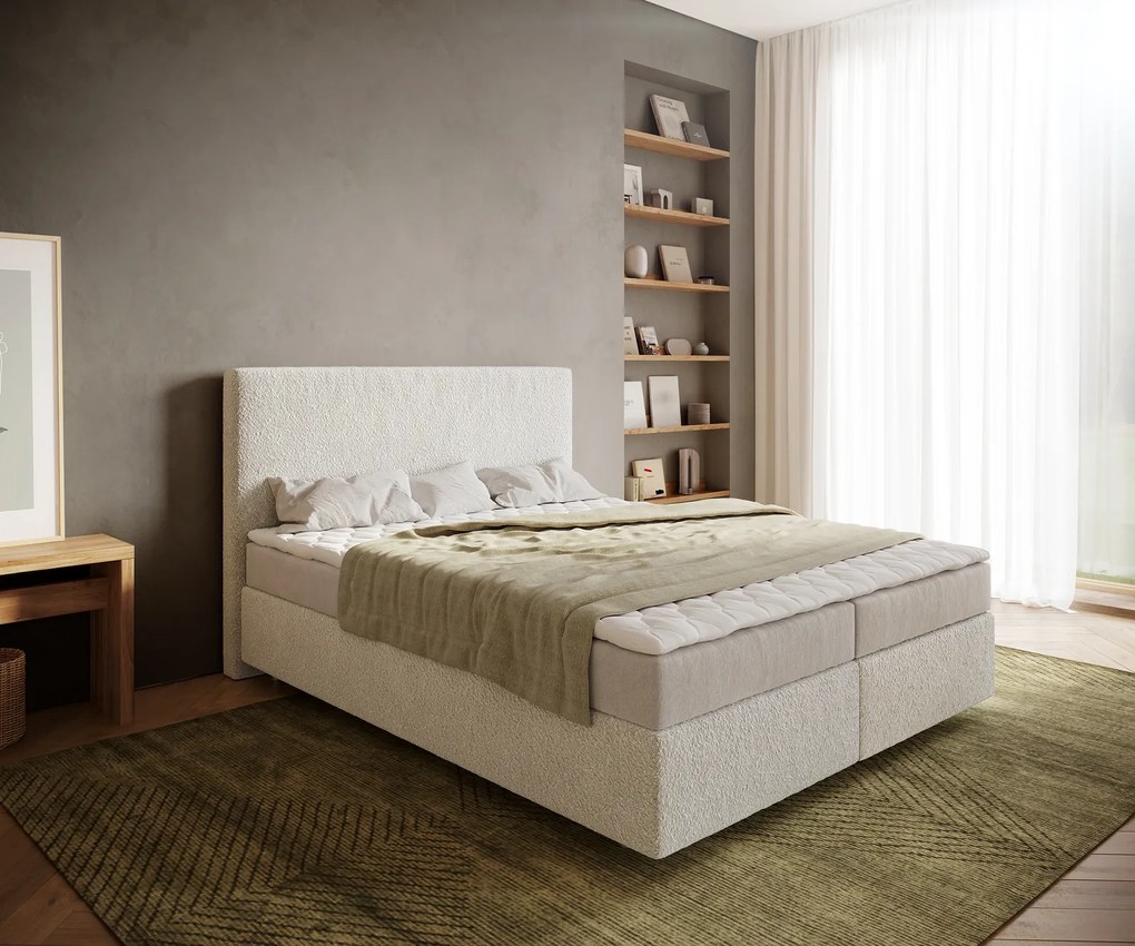DELIFE Boxspring postel Dream-Well 160x200 cm bouclé krémovo-bílá s matrací a topperem