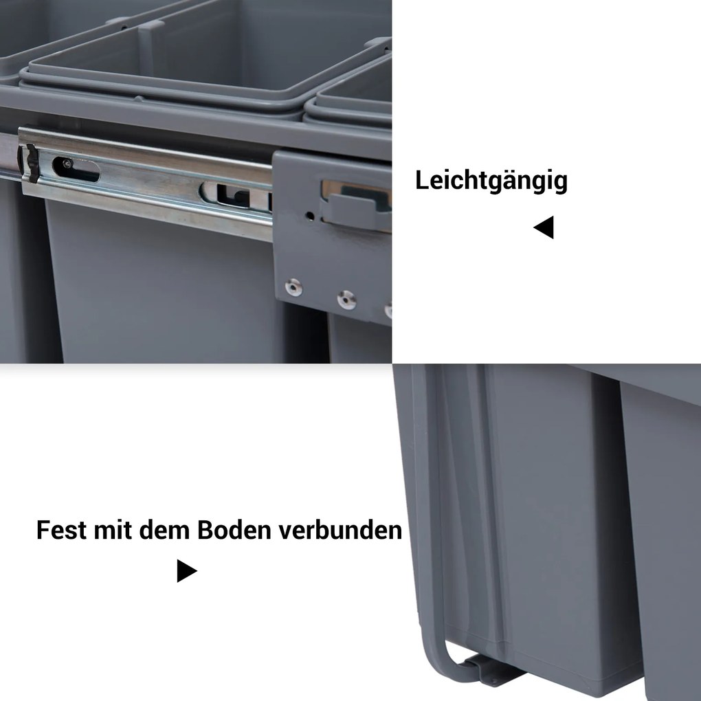 Mülleimer-Konstruktion mit 3 Abfalleimern zur Mülltrennung, Schienensystem, einbaubar, 3er-Set Müllbehälter, Grau