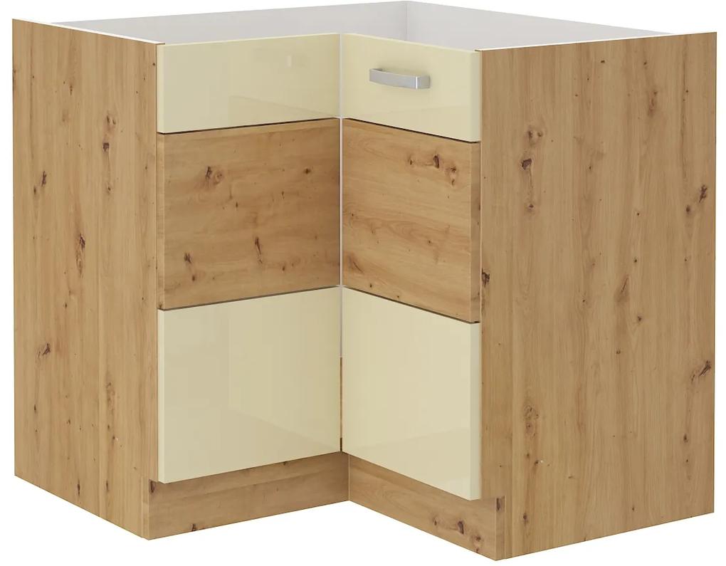 Rohová dolní kuchyňská skříňka Arryn 89x89 DN 1F BB (dub artisan + lesk krémový). 1024720