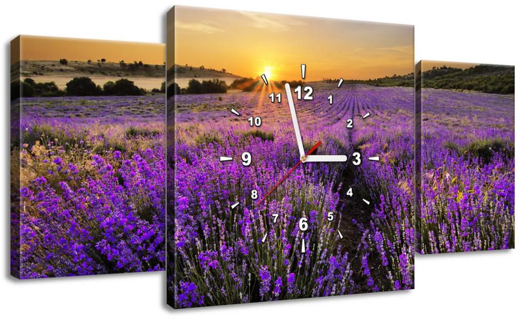 Gario Obraz s hodinami Levandulové pole - 3 dílný Rozměry: 30 x 90 cm