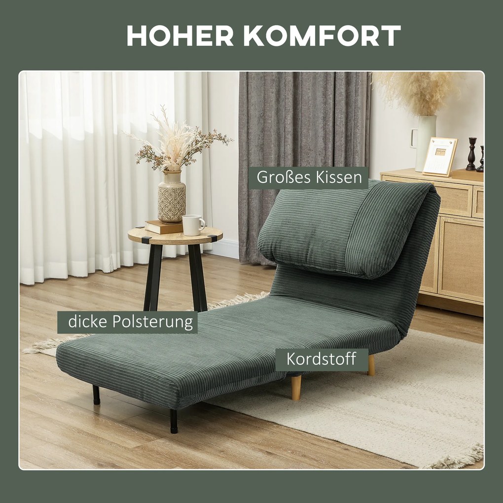 HOMCOM 2-v-1 Spací Pohovka S Křeslem, Skládací Matraci pro Hosty v Corduroy Vzhledu, pro Ložnici a Obývací Pokoj, Zelená, 82 x 89 x 83 cm