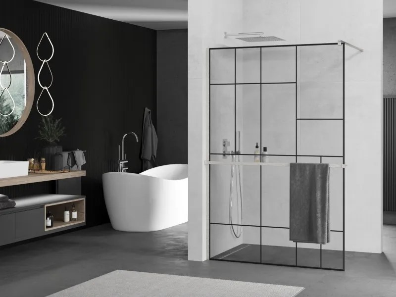 Mexen Kioto+, sprchová zástěna Walk-In s poličkou a věšákem 70 x 200 cm, 8mm čiré sklo černý vzor, ​​broušená ocel profil, 800-070-121-97-78