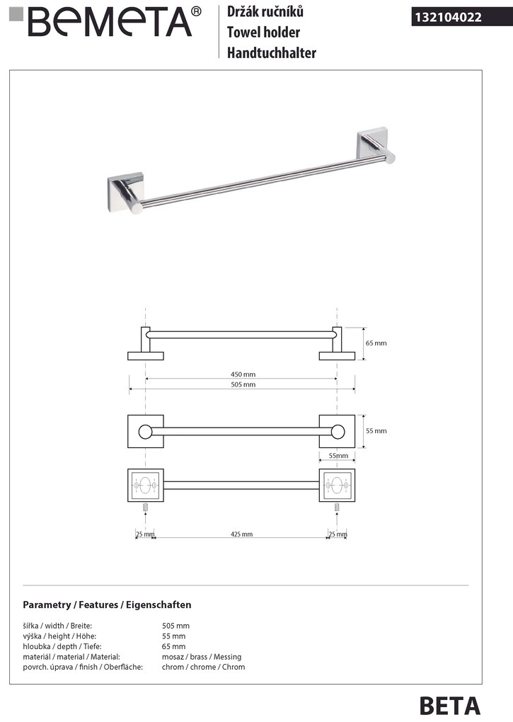 Bemeta Design BETA: Držák ručníků, 450 mm - 132104022