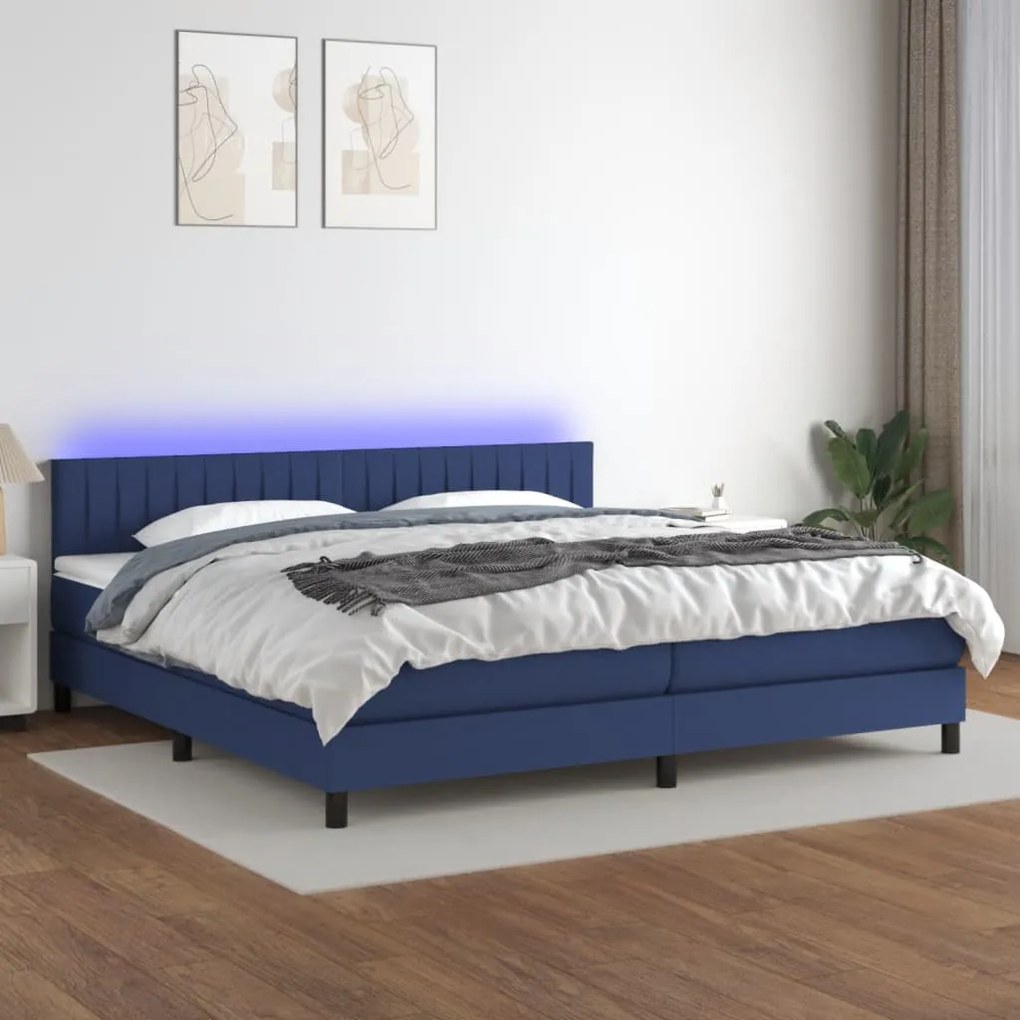 Box spring postel s matrací a LED modrá 200x200 cm textil 3133347