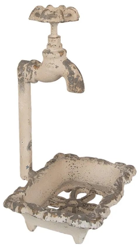 Béžová antik kovová mýdlenka s kohoutkem - 14*12*23 cm