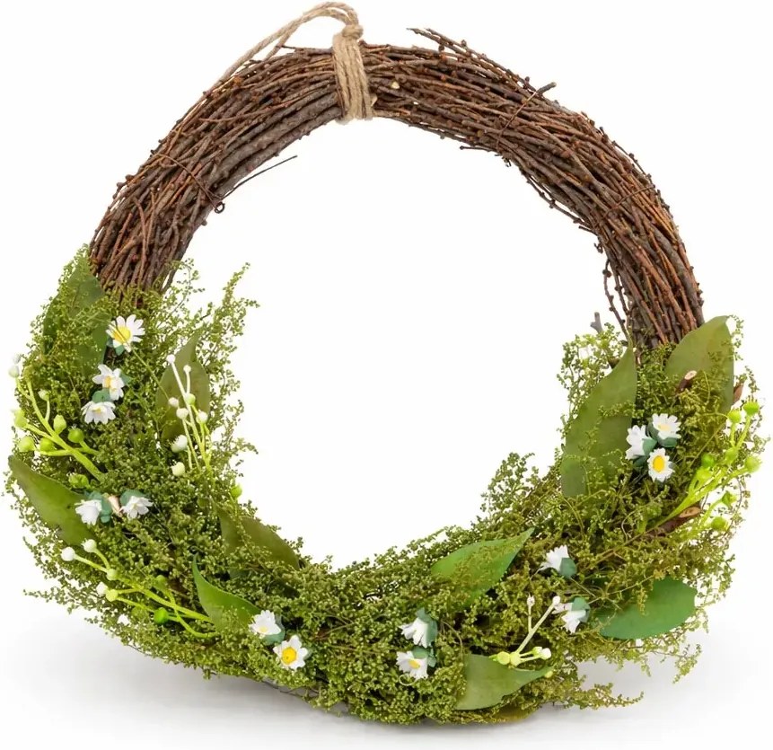 Velikonoční věnec na dveře 34 × 31 × 8 cm, proutí a zelené větvičky s drobnými kvítky, plast, venkovní