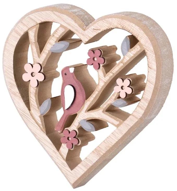 Dřevěná dekorace 125x20x125 mm srdce s ptáčkem, přírodní, růžová | BIANO