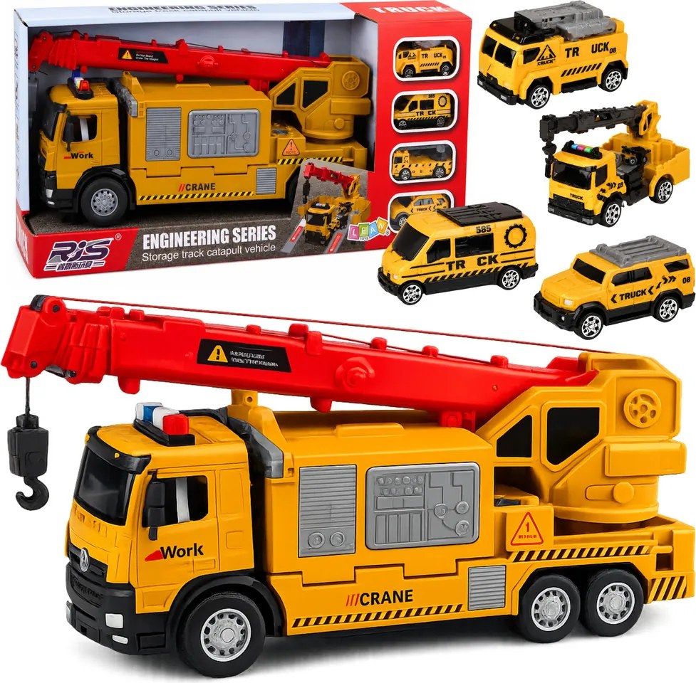 LEAN Toys Nákladní auto s jeřábem a přepravníkem vozidel, světla a zvuky, žluté