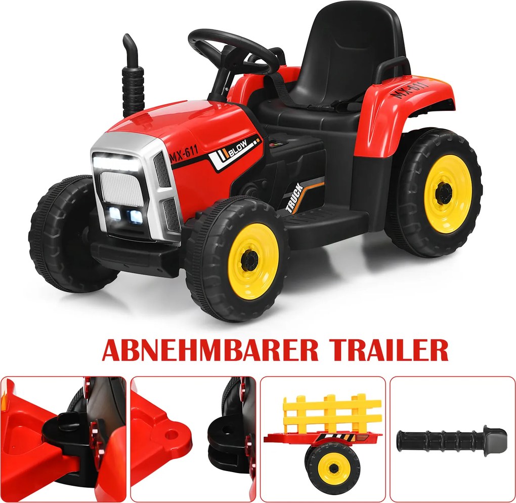 Costway 3-rychlostní dětský traktor 12 V pojízdný traktor s – červený