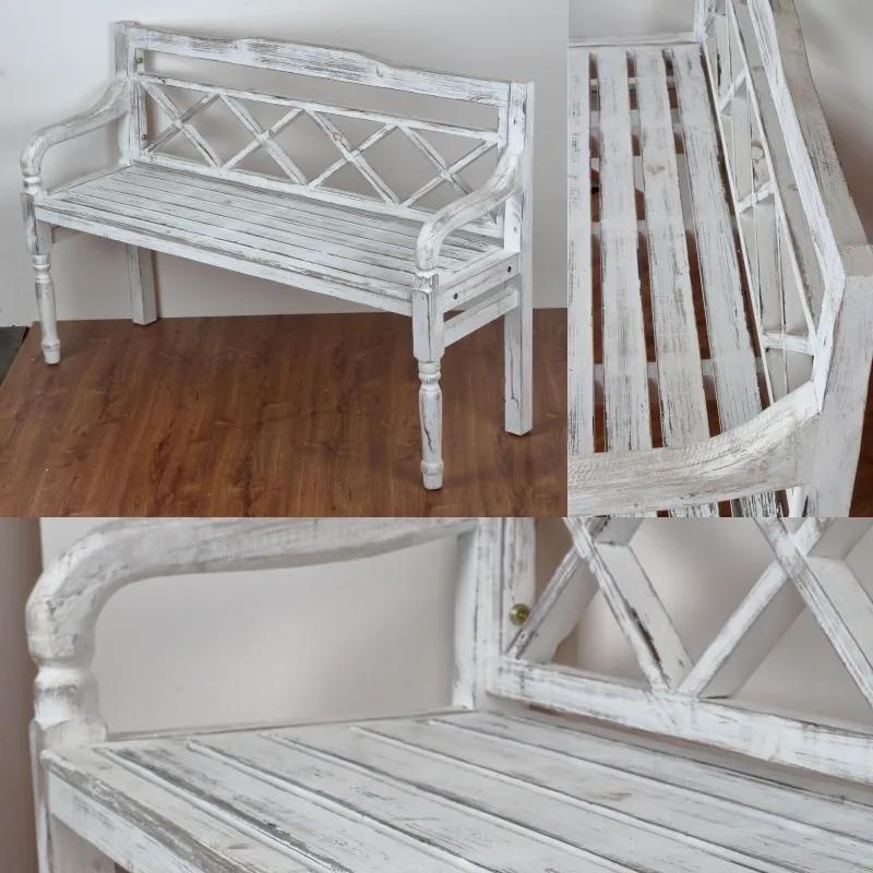 Dřevěná zahradní lavice bílá s patinou 130x85x40cm