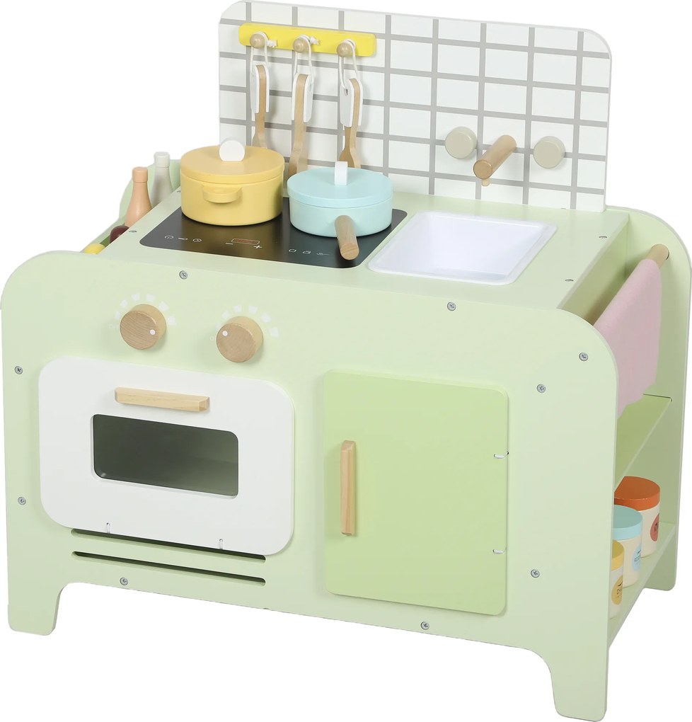 Dětská hrací sada do kuchyně, MDF, 15 doplňků, skříňky, 40 cm, od 3 let, zelená