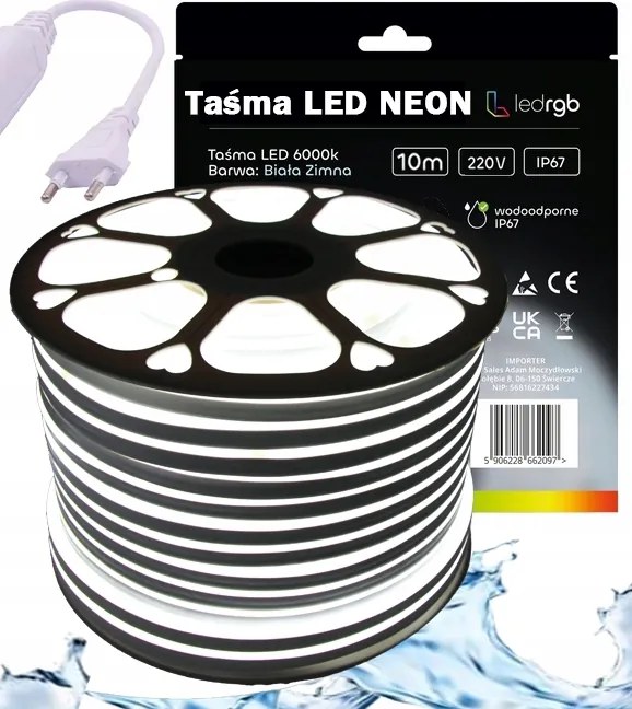 Set Led pásek Neon 220V 230V 10m 6000K Bílý Studený Napájecí Zdroj IP67 120/m