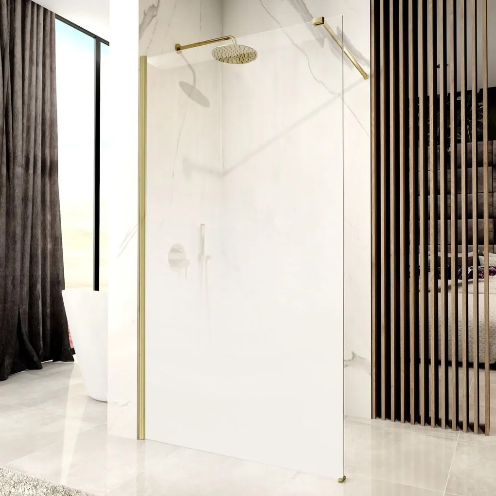 Rea Aero Ombre, sprchová zástěna Walk-In 110x195 cm, 8mm čiré sklo s bílým vzorem, zlatý matný profil, REA-K2465