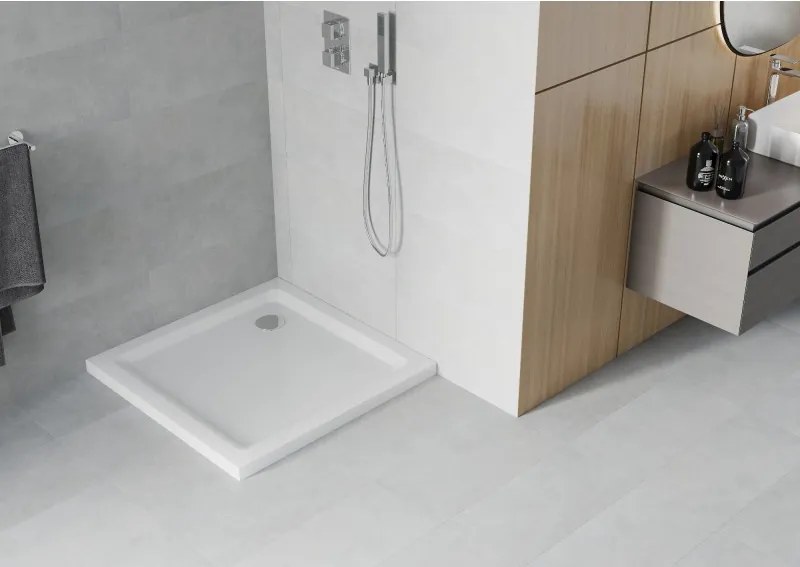 Mexen SLIM - Čtvercová sprchová vanička 70x70x5cm + chromový sifon, chromový bílá, 40107070
