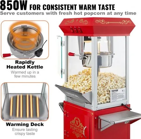 Popcorn Popper Stroj s vozíkem Popcorn Maker 850 W 227 g 11,4 l červený