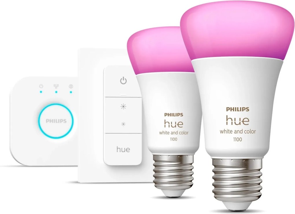 Philips Hue Startovací sada: 2x žárovka E27 WCA + Hue Bridge + Dimmer Switch