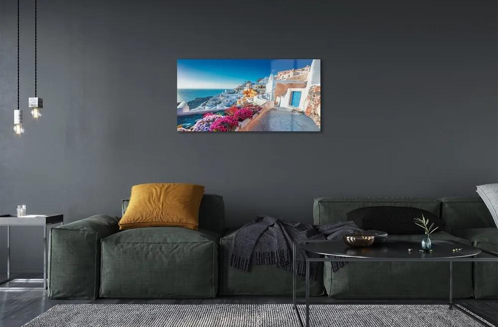 Obraz na skle Budovy Řecko mořské květiny 100x50 cm