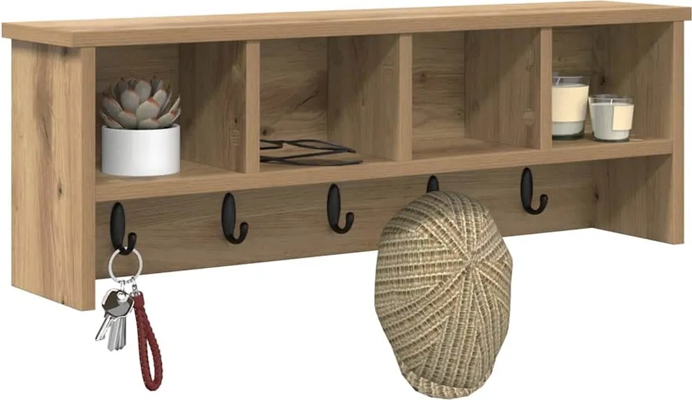 věšák, nástěnný, 4 poličky, háčky, kompozitní dřevo, 26x75x16 cm, dub artisan, Dekorino TK20260021