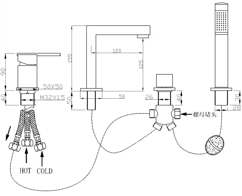 Mexen CUBE - vanová baterie 4-otvorová, Černá, 72932-70