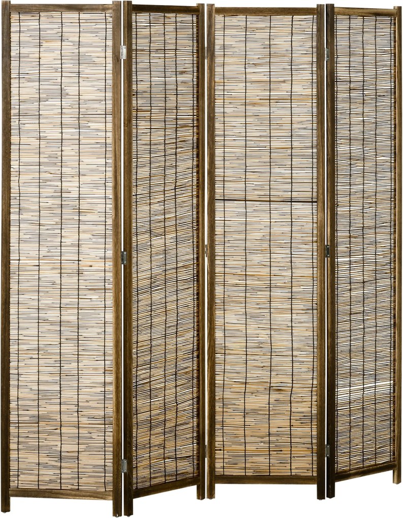 HOMCOM 4-panelový skládací paravan 160 cm x 1.8 cm x 170 cm Rustikální dřevěný a rákosový oddělovač místností pro kancelář, ložnici, obývací pokoj | A