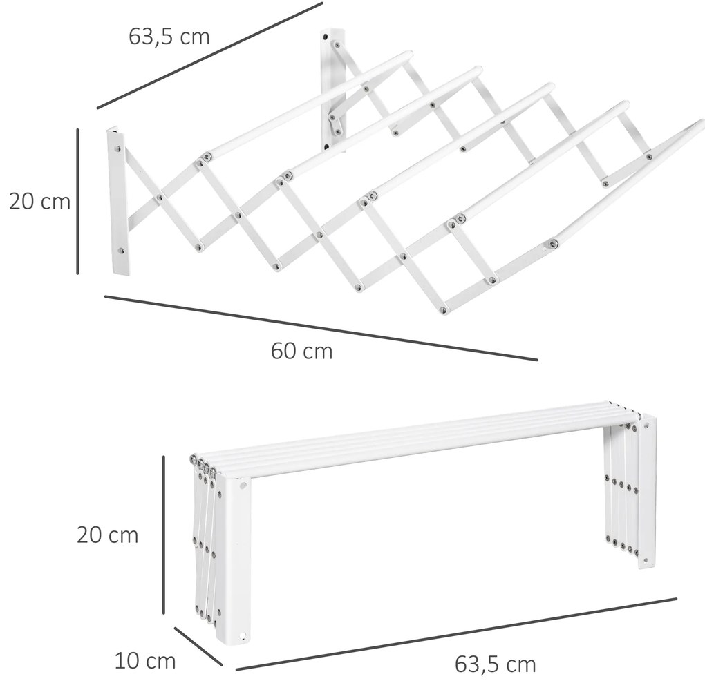 HOMCOM Nástěnný sušák na prádlo 57,5 cm prostorově úsporný kůň na prádlo pro interiér i exteriér Kov v bílé barvě 63,5 x 60 x 20 cm