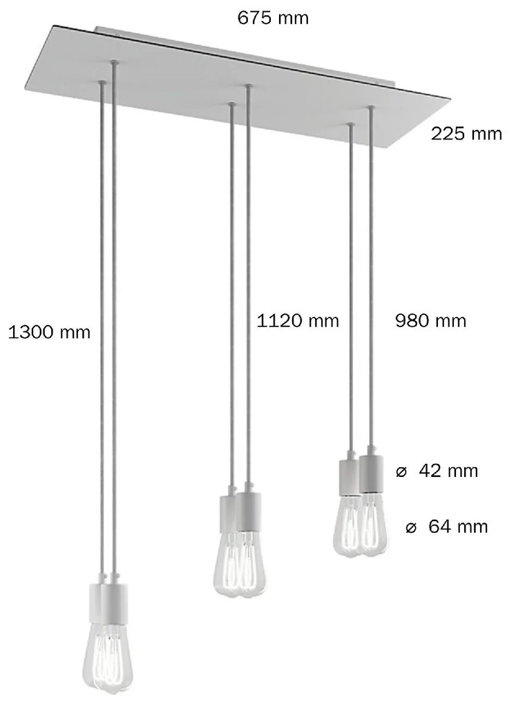 creative cables Závěsná lampa s 6 světly, s obdélníkovým XXL baldachýnem Rose-one, textilním kabelem a kovovými komponenty Barva: Matný bílý dibond