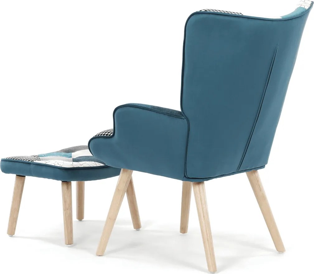 Relaxační křeslo ušák s podnožkou LYRO - modrá patchwork látka