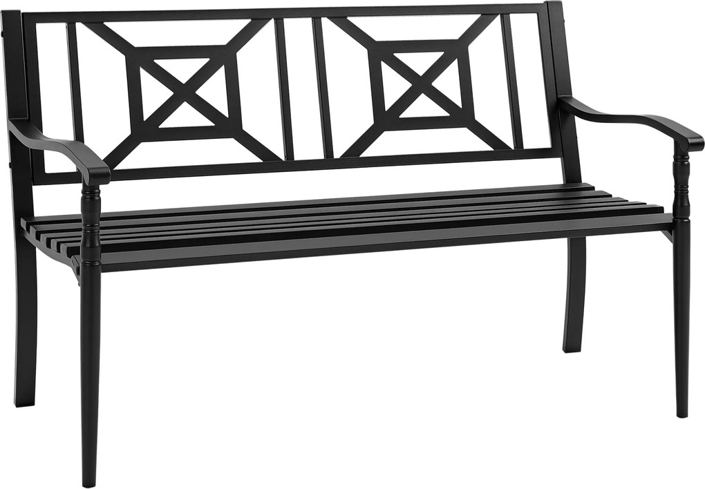 Outsunny Dvou místná zahradní lavice z oceli s područkami a dekorativním opěradlem pro terasu, balkon, patio, nosnost 240 kg, 128x62,5x81,5 cm, černá