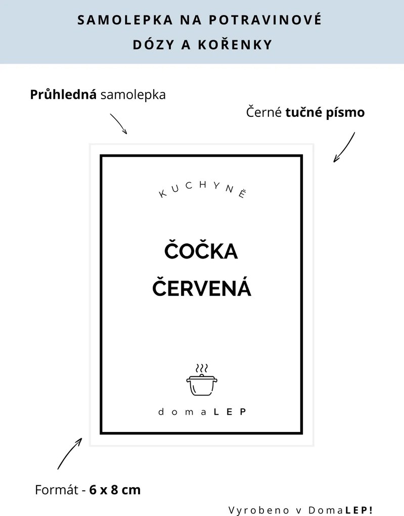 ČOČKA ČERVENÁ – průhledná samolepka na dózu, tučné písmo, 6 × 8 cm | DomaLEP