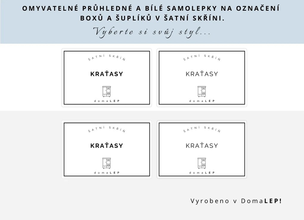 KRAŤASY - Samolepka na šuplíky a boxy do šatní skříně, 8,5 x 5,5 cm - DomaLEP varianta: SAMOLEPKA, barva: BÍLÁ - ČERNÉ písmo, velikost: š. 8,5 cm x v. 5,5 cm - tučné písmo