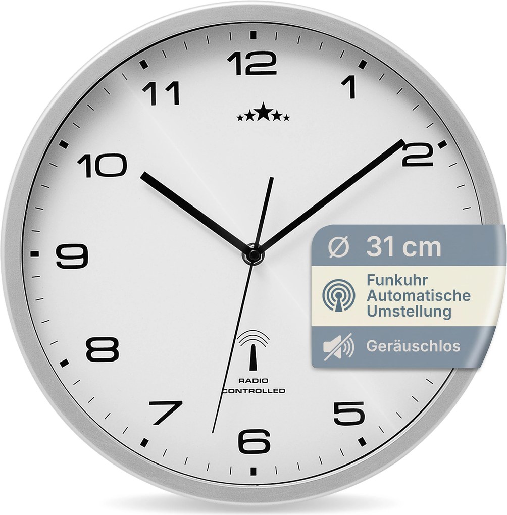 Nástěnné hodiny řízené rádiem bílá/stříbrná Ø31cm
