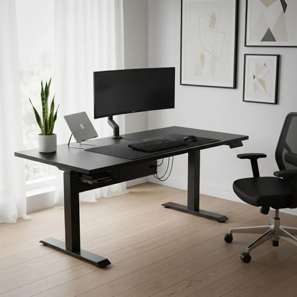 Výškově nastavitelný stůl OfficeTech D, 160 x 80 cm, černá podnož, černá