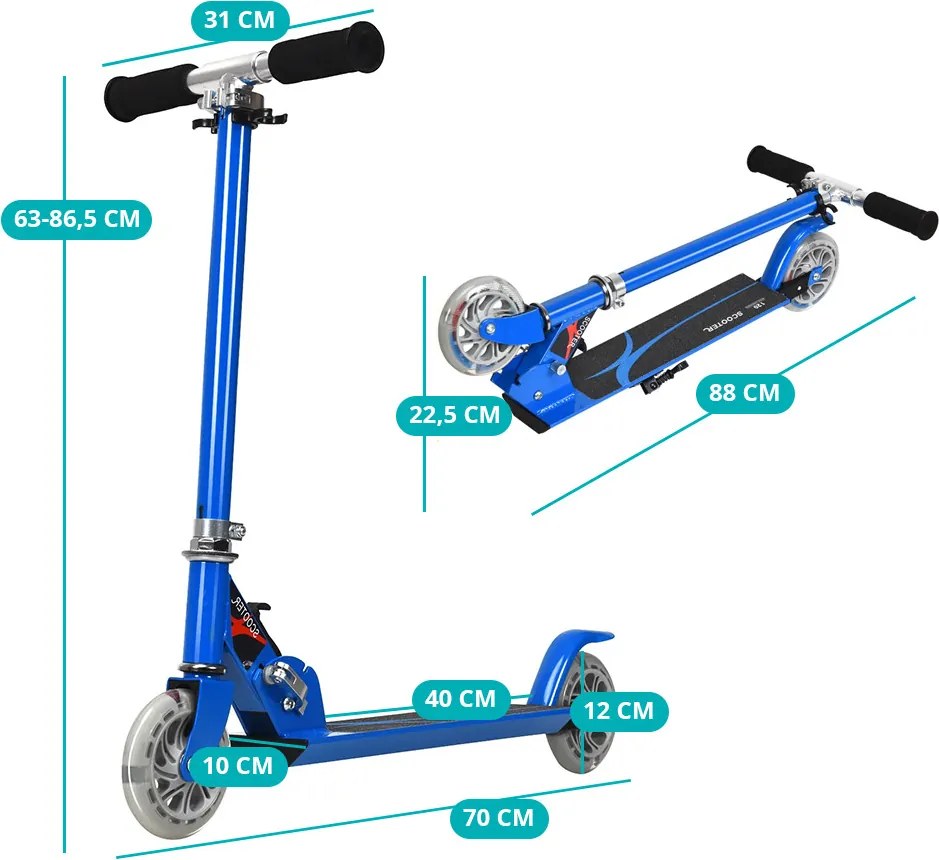 Skládací hliníková koloběžka s LED kolečky modrá