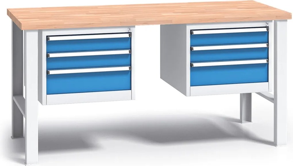 Pracovní stůl do dílny G3 se 2 závěsnými boxy na nářadí, buková spárovka, 6 zásuvek, pevné kovové nohy, 1700 mm, modrá