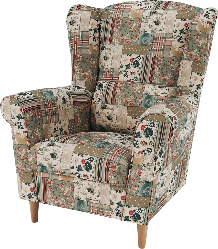 relaxační křeslo, ušák, dřevo/látka, nohy světlé/potah patchwork viorica 1, Tempo Kondela CHARLOT
