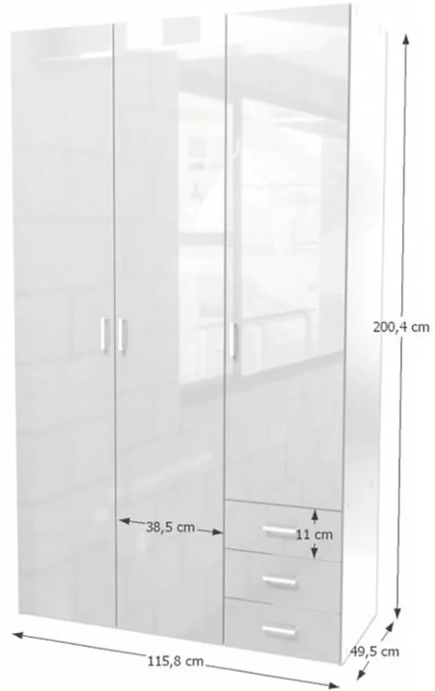 Kondela Skříň, 3 - dveřová, bílá extra vysoký lesk HG, GWEN 70427