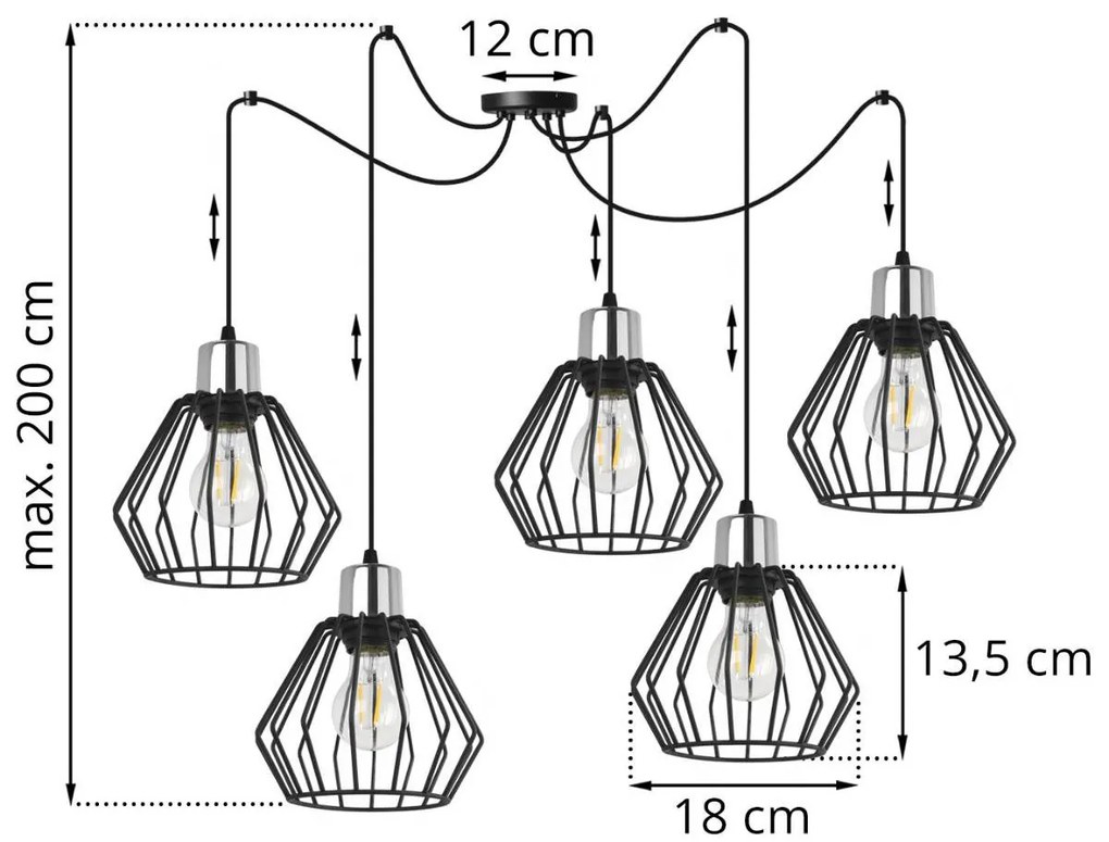 Závěsné svítidlo Nuvola Spider 4, 5x černé drátěné stínítko, ch