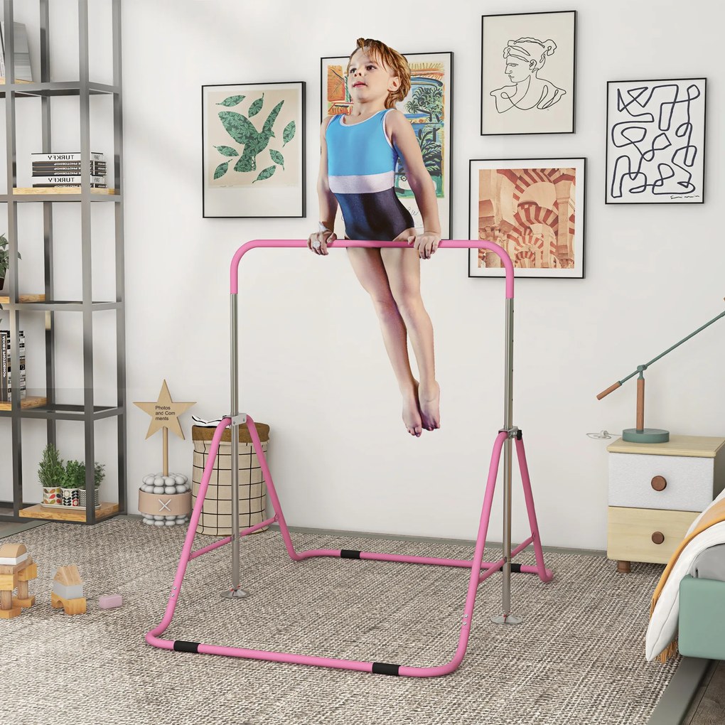 Skládací hrazda HOMCOM pro děti 3-8 let, gymnastická hrazda s 5 nastavitelnými výškami a ocelovou konstrukcí, 154x106,2x88,5-128,5 cm, Růžová