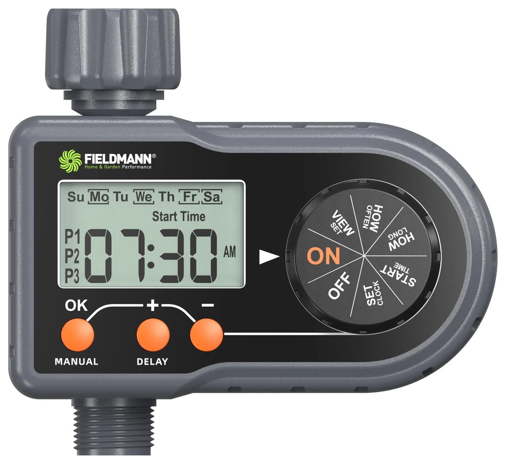 Fieldmann FZH 2020 Zavlažovací hodiny Doba zavlažování: 1 min - 4 h, Provozní tlak: 0,5 - 8 bar, Max. průtok: 35 l/min, Možnost zavlažovaní: až 3 x