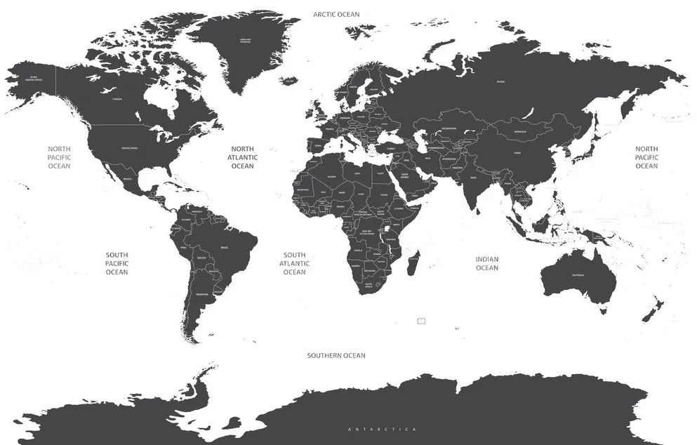 Obraz na korku mapa světa s jednotlivými státy v šedé barvě