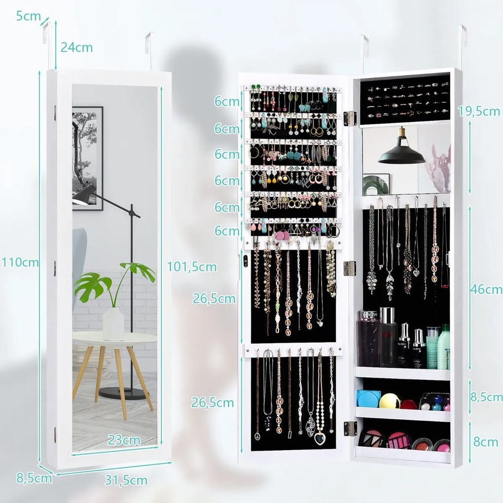 Costway Zrcadlová šperkovnice se zrcadlem po celé délce – 31,5 × 8,5 × 110 cm