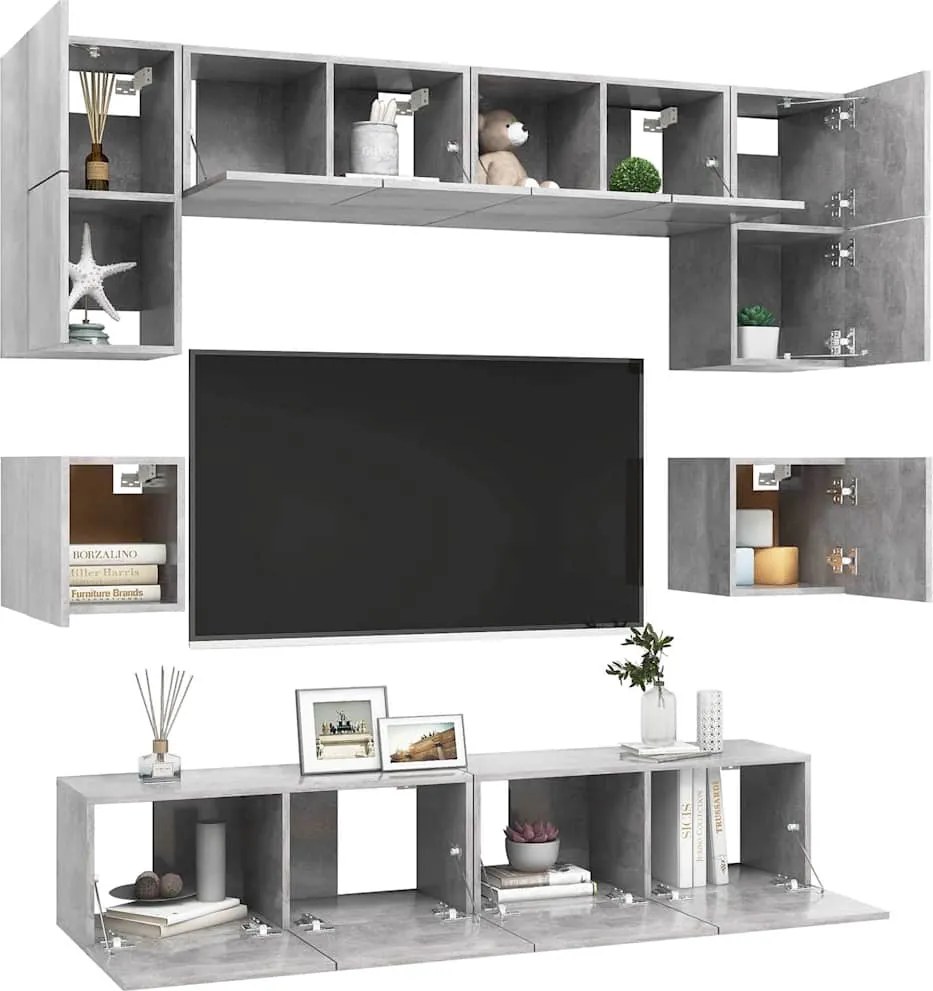 8dílný set TV skříněk betonově šedý kompozitní dřevo 3079111