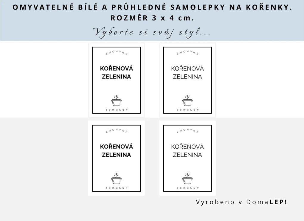 KOŘENOVÁ ZELENINA - Samolepka na kořenky 3 x 4 cm - DomaLEP varianta: BÍLÁ - základní písmo
