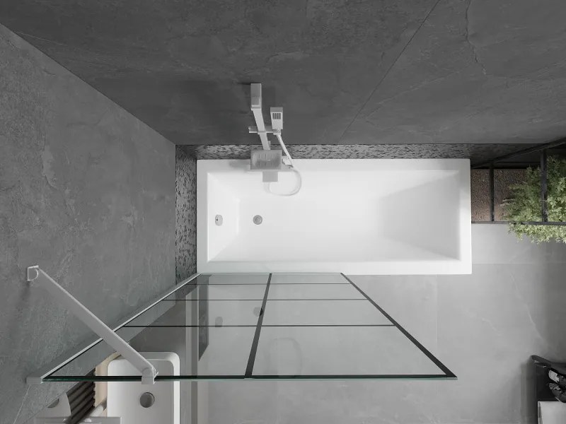Mexen Next, vanová zástěna 1-křídlová 90 x 150 cm, fixní křídlo, 6 mm čiré sklo s černým vzorem, bílý profil, 895-090-000-00-77-20